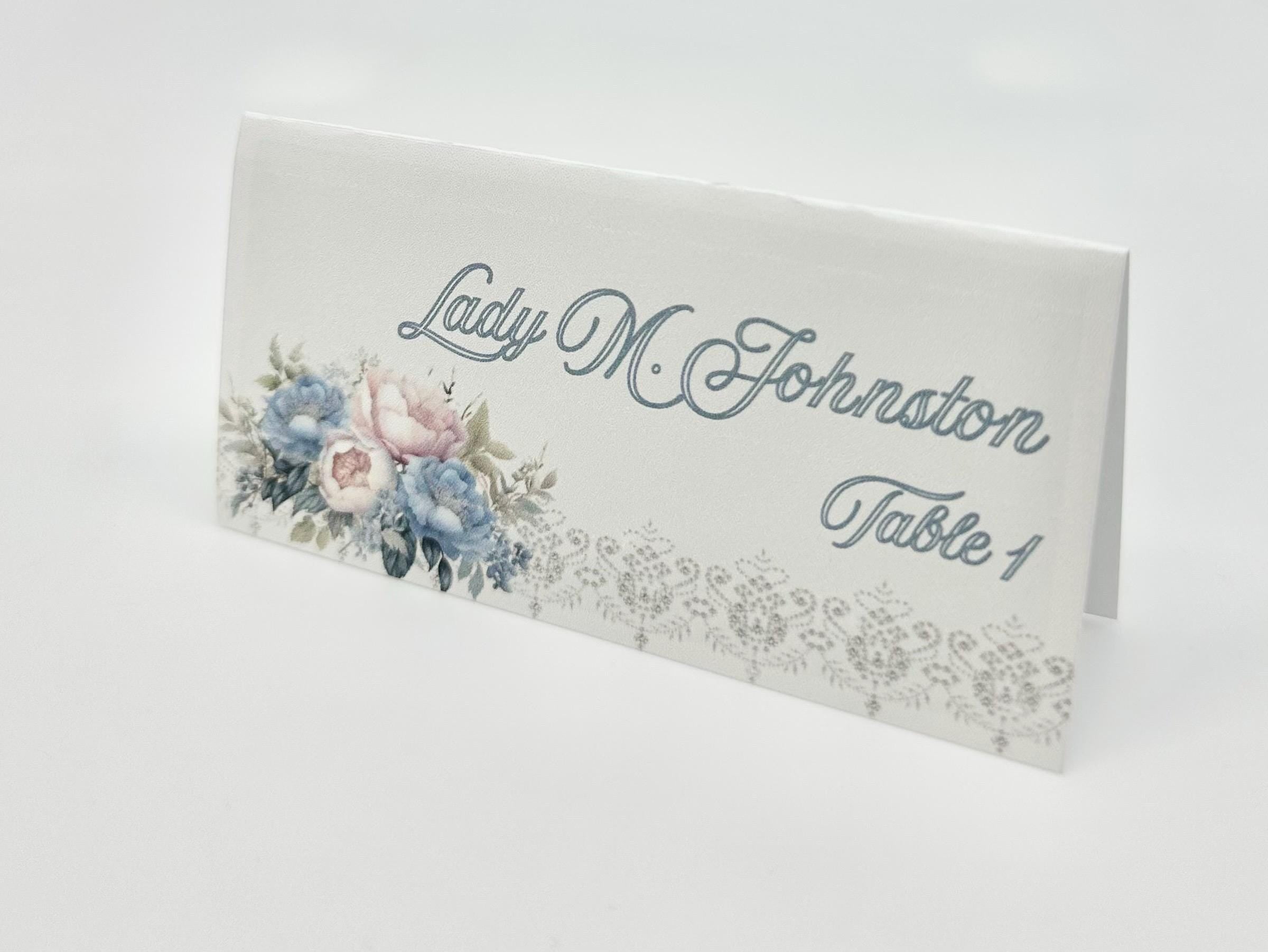 Digital Editable Place Cards Victorian Blue Pink and Cream Floral Bouq ...