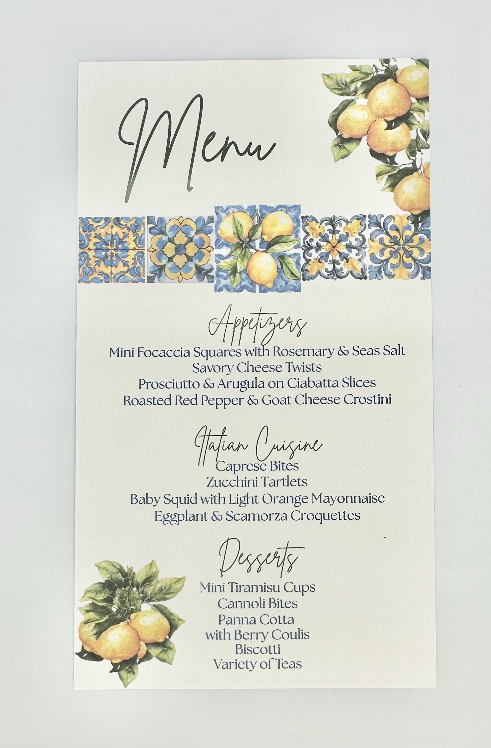 Amalfi Coast Bridal Shower Tea Party Digital Editable Menu Template ...